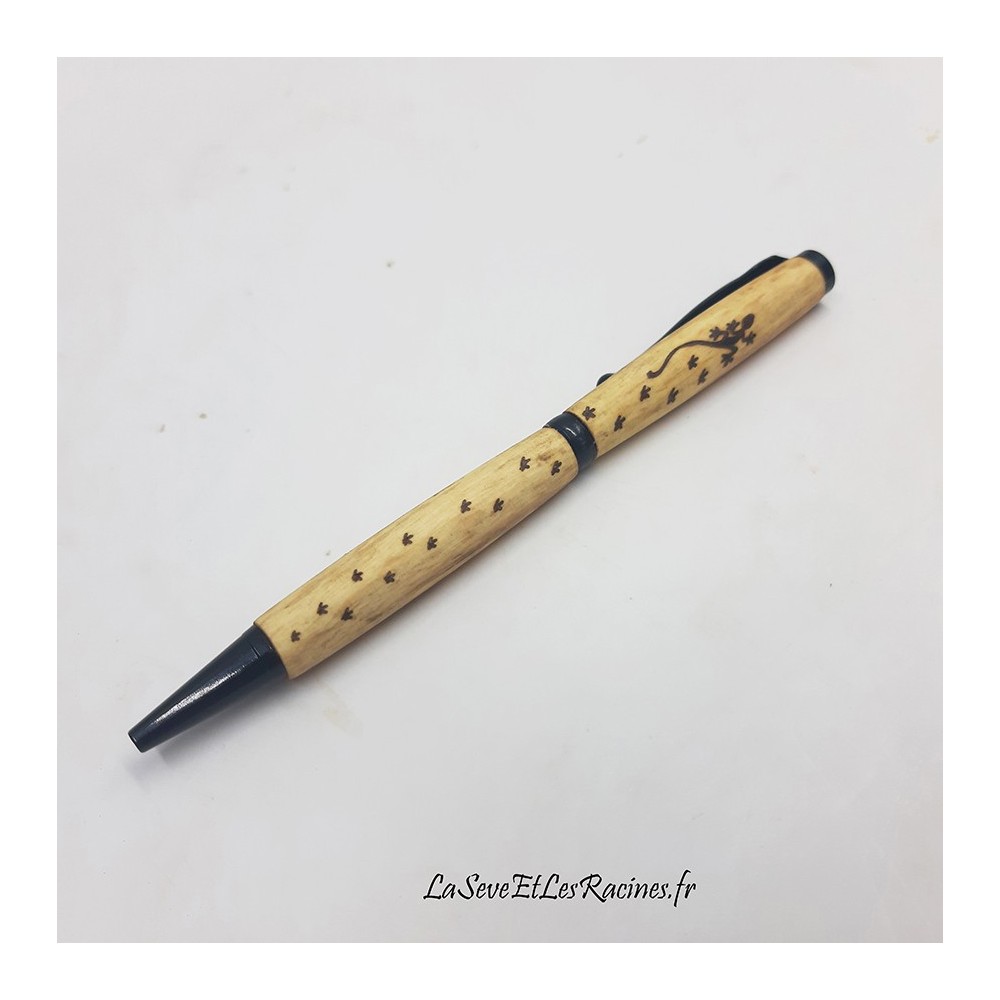 Stylo à bille en bois pyrogravé lezard rechargeable